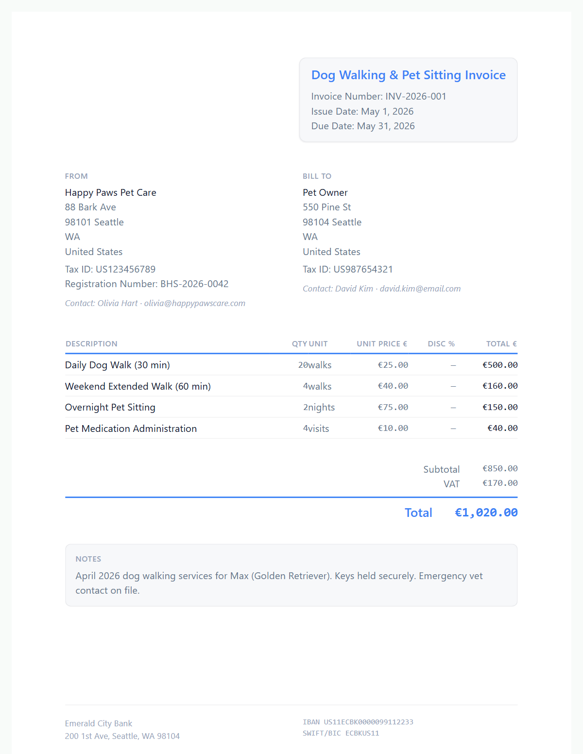 Free Dog Walking Invoice Template | Blank Invoice Maker